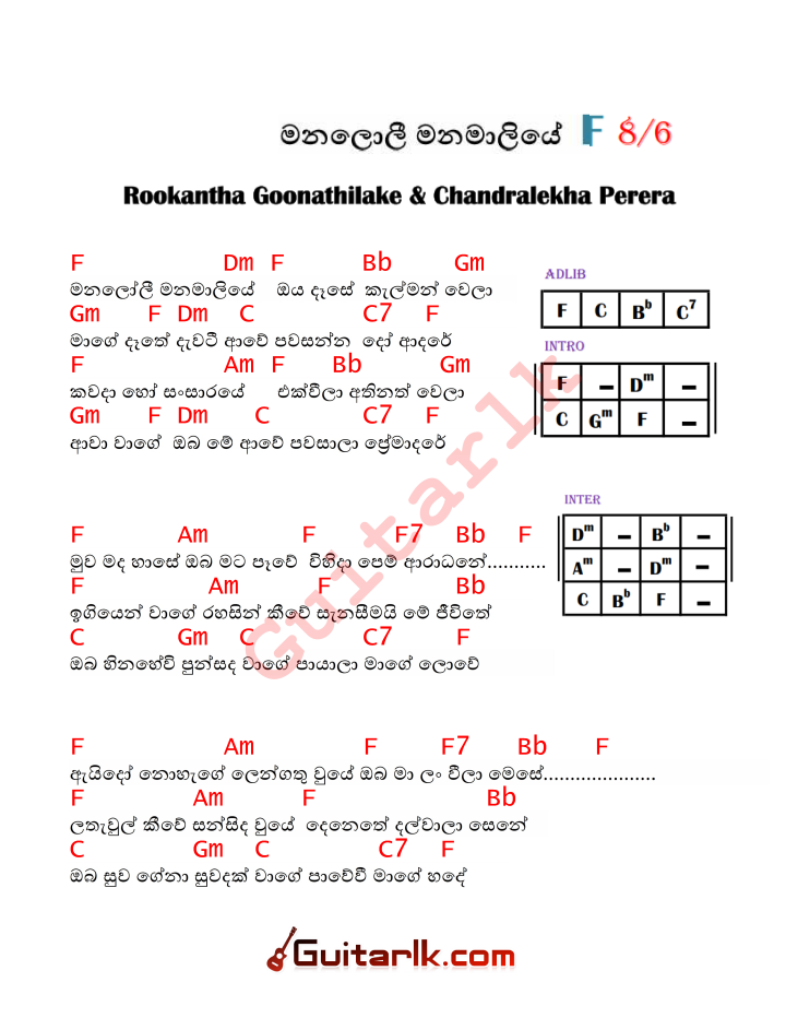 Manaloli Manamaliye ( Fmajor Version ) Guitar Chords by Artist ...